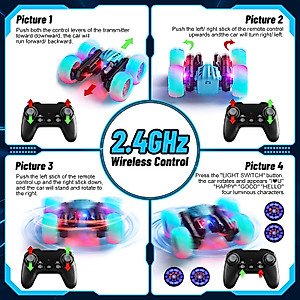 Remote Control Car Toys for Ages 8-12, 2.4Ghz RC Car with Headlights Wheel Lights, Off Road 4WD Rechargeable RC Stunt Car, RC Cars Toys Birthday for Kids Boys Girls (Blue)