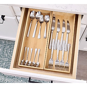Fabsome Kitchen Utensil Drawer Organizer, Bamboo Silverware Cutlery Flatware Organizer Bins, Wooden Container Storage Trays for Bathroom Vanity Junk Drawer, 15" x 6" Set of 2