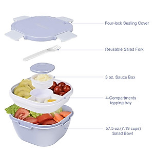 Acupteatech Leak Proof Salad Lunch Container With Large Capacity Salad Mixing Bowl, 3 Compartment Bento-Style Tray, Sauce Container, Reusable cutlery, BPA FREE, 1700ml (Powder Blue)