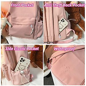 KOWVOWZ Kawaii Cute Aesthetic School Laptop Backpack with Accessories Plush Pendant for Teen Girls (Black, without Mr. Rabbit)