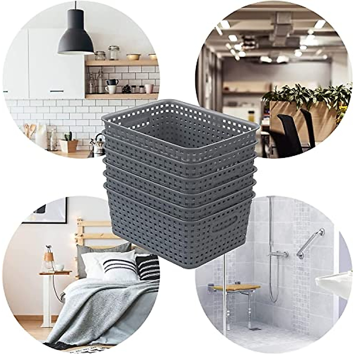 Wekioger Plastic Storage Baskets with Handles, Gray, Set of 6