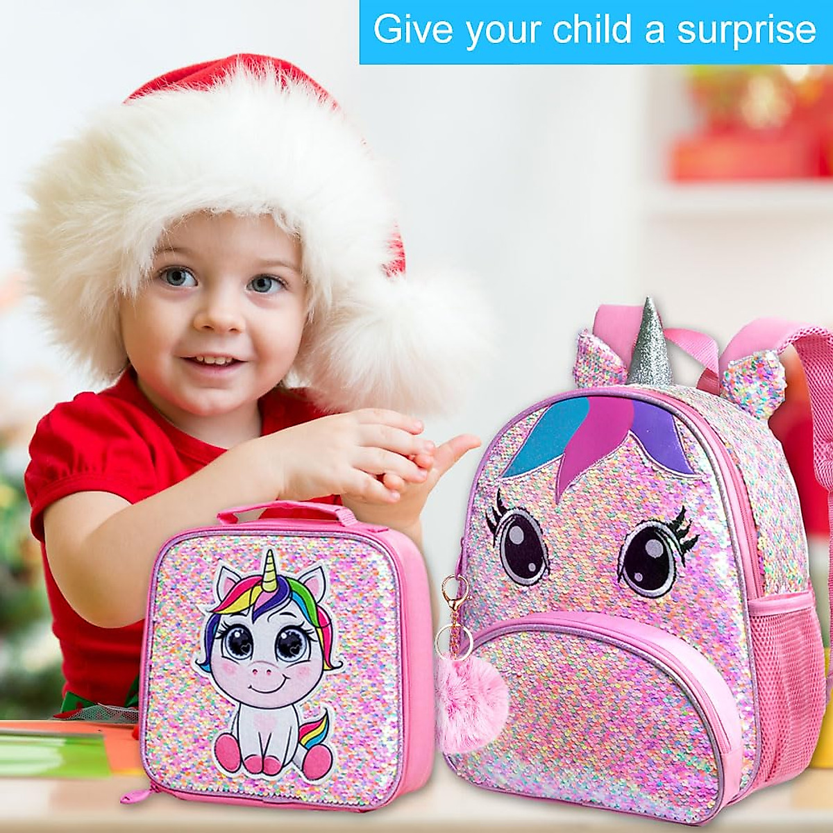 Unicorn Backpack for Girls, Toddler Sequin Preschool Bookbag, 12.5" Cute Cartoon Animal Schoolbag