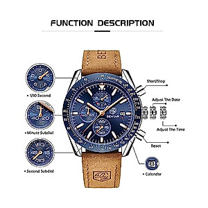 BY BENYAR Mens Analog Quartz Chronograph Waterproof Luminous Leather Watch Business, Work, Sport, Casual, Fashion - Elegant Gift for Men