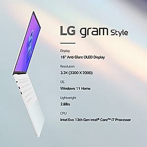 LG gram Style 16” OLED Laptop, Intel 13th Gen Core i7 Evo Platform, Windows 11 Home, 32GB RAM, 1TB SSD, Dynamic White