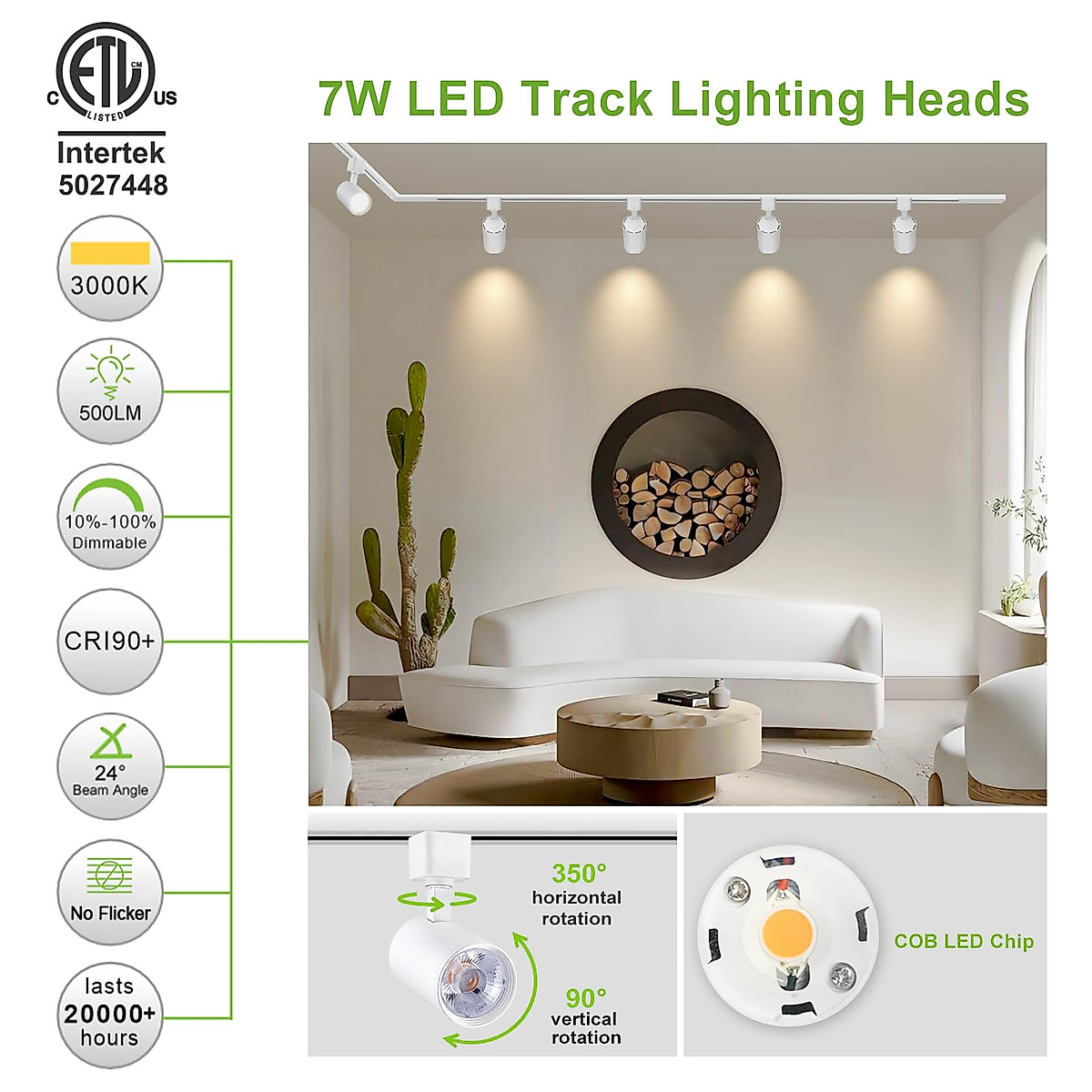 Arcfox 7W 3000K LED Track Lighting Heads Dimmable 3 Wire Single Circuit H Type Track Light Fixture ETL CRI90 for Dining Room Kitchen Accent Lighting 6 Pack White