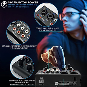 Pyle Professional Wireless DJ Audio Mixer - 4 Channel Bluetooth Controller Sound Mixer, USB Audio Interface, 2 Combo Jack XLR+6.35mm Mic/Line/Guitar in, 3.5mm, RCA AUX, Headphone Jack - PAD43MXUBT