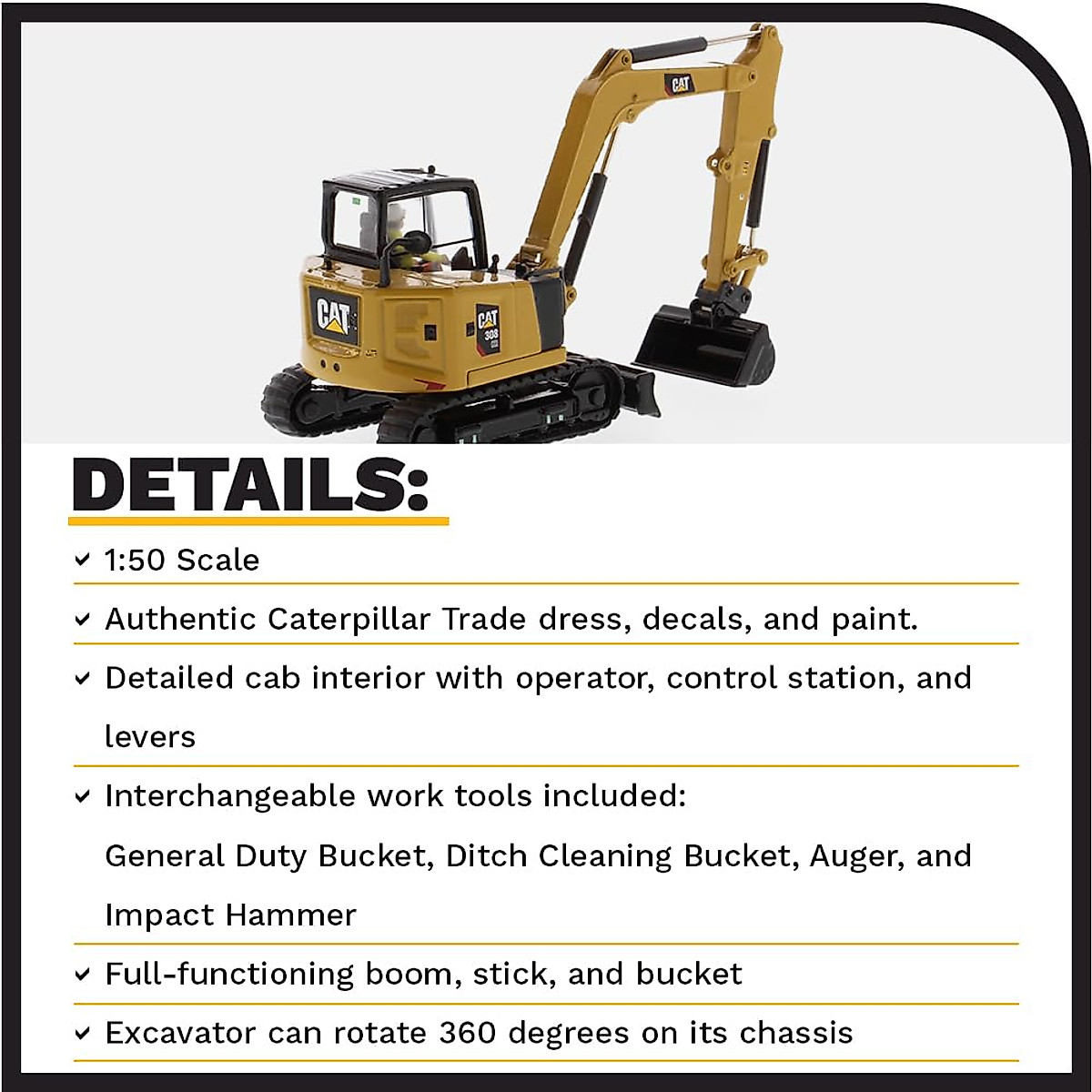 Diecast Masters 1:50 Caterpillar 308 CR Mini Hydraulic Excavator | High Line Series Cat Trucks & Construction Equipment | 1:50 Scale Model Diecast Collectible | Diecast Masters Model 85596