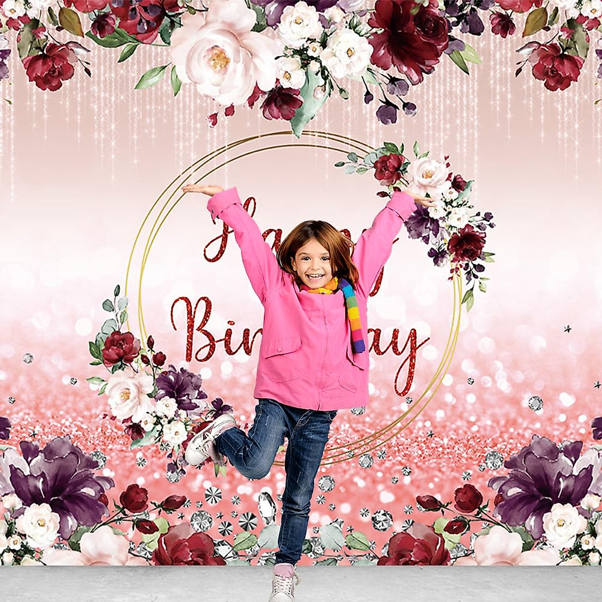 MAQTT 7 x 5 FT Pink Purple Rose Happy Birthday Photo Backdrop Flower Gold Glitter Blush Photography Background for Women Girl Birthday Party Decorations Banner Supplies