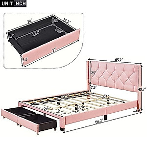 OMMGG Queen Size Upholstered Platform Bed with Two Drawers and Button Tufted Headboard, Linen Fabric Storage Bedframe w/Reinforced Wooden Slats & 4 Supporting Legs, No Box Spring Needed