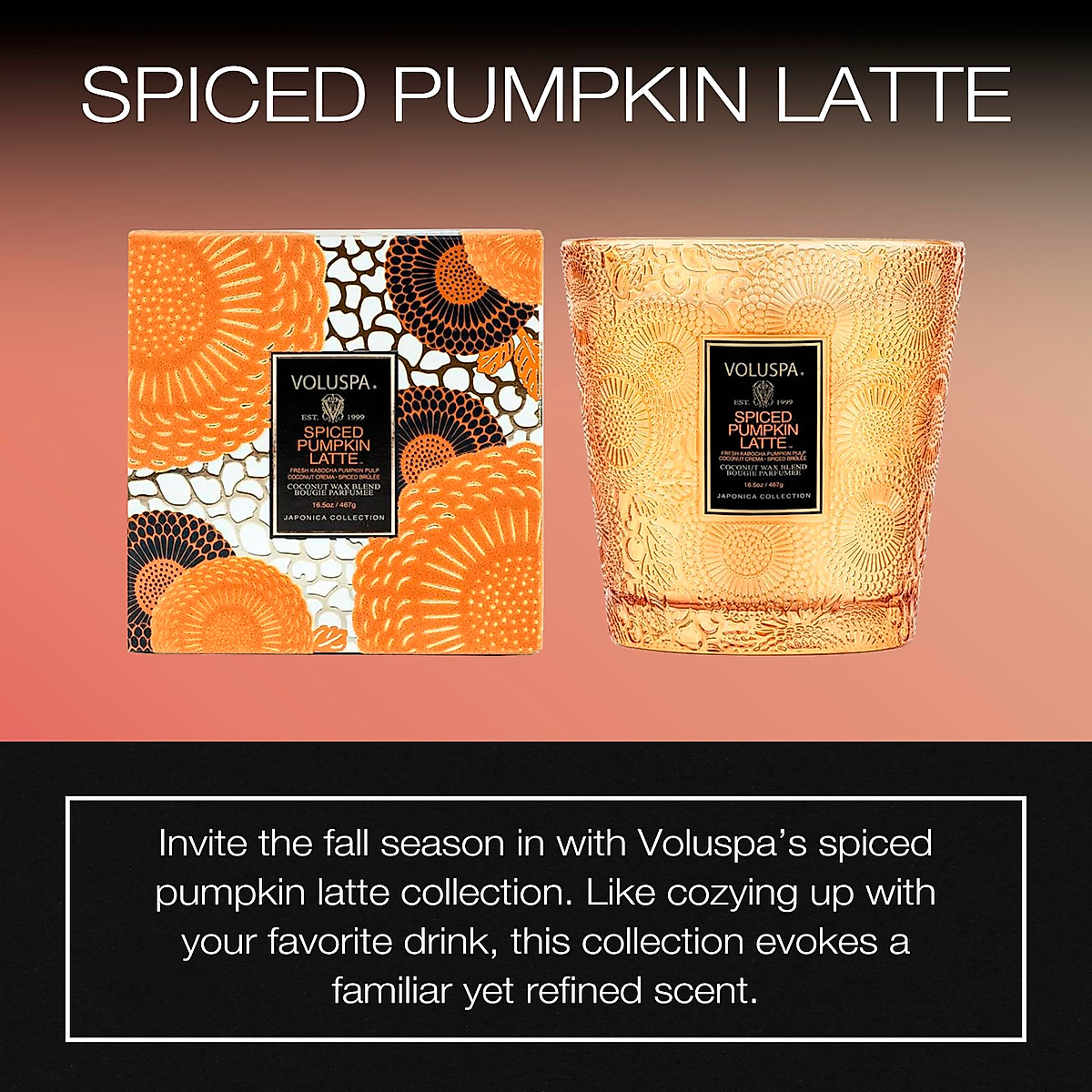 Voluspa Spiced Pumpkin Latte, 2 Wick Boxed Hearth Candle, 16.5 Ounce, 60 Hour Burn Time, All Natural Wicks and Coconut Wax for Clean Burning, Vegan, Poured in The USA