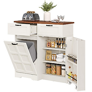 DWVO Trash Can Cabinet with Drawers, Pull Out Trash Can, Hidden Trash Can Cabinet, Garbage Bin Cabinet, Kitchen Island with Trash Can Storage, Ultimate Storage Solutions, White Oak