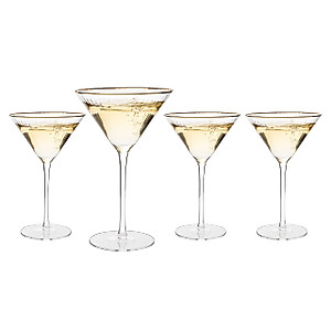 Hand Blown Gold Rim Martini Glasses - Set of 4-10 oz, 24K Gilded Classic Vintage Glasses For Martinis, Cocktails, Champagne, Water & Wine - Classic Coupes Gilded Rimed, Crystal Coupe with Stems