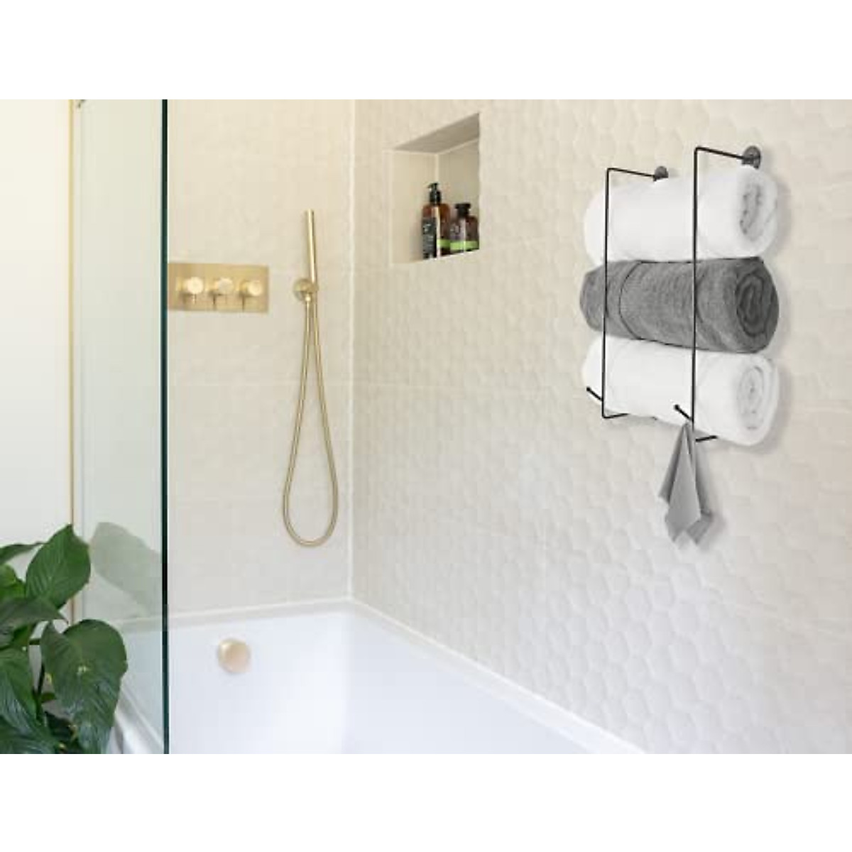 2 Set Towel Rack Holder, Wall Mounted Metal Towel Shelf with Hooks, Minimalist Design Storage Organizer for Towels, Washcloths, Hand Towels, Linens, Yoga Mat, Ideal for Bathroom, Spa, Salon Black