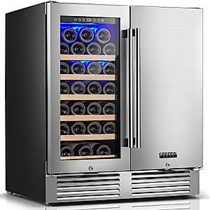 BODEGACOOLER 30 Inch Wine and Beverage Refrigerator,Dual Zone Wine Beverage Cooler with French Door,Under Counter Freestanding Wine Beer Fridge,Hold 31 Bottles and 100 Cans with Safety Locks