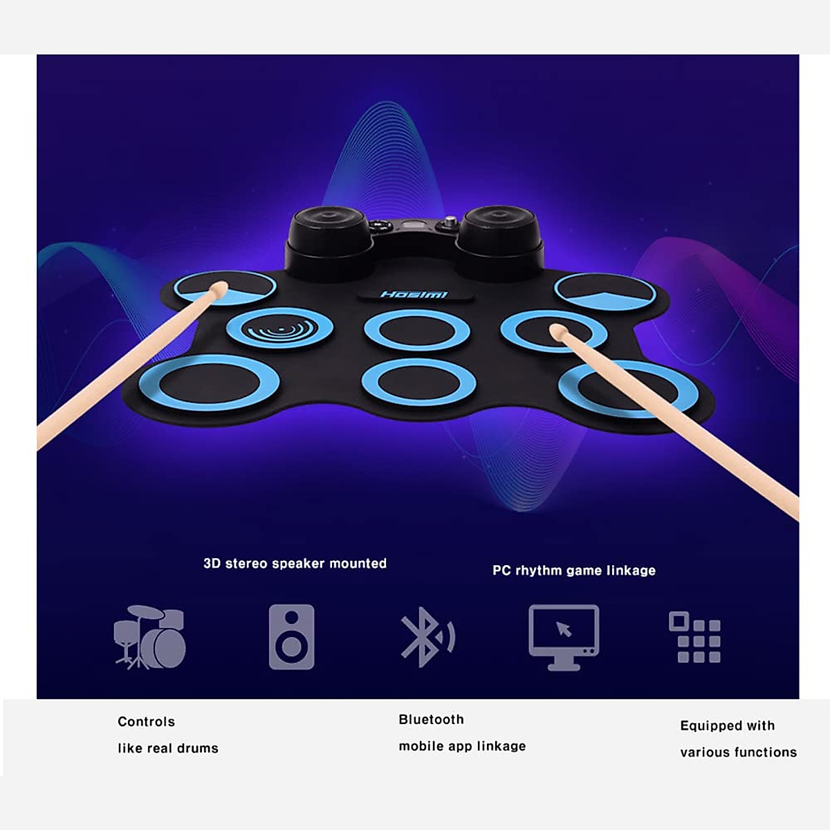 Hoshimi Electronic Drum Set High Quality Drum Bluetooth Simple Interlocking PC Midi Work Dual Speakers 3D stereo blue 18.5x21.4in