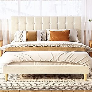 LIKIMIO Queen Bed Frame with Headboard, Velvet Upholstered Platform Beds with Strong Wooden Slats/Mattress Foundation/Easy Assembly, Beige