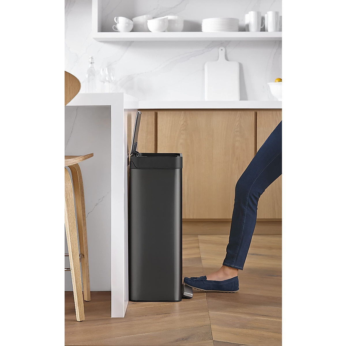 KOHLER K-20941-BST Kitchen Trash Can, 8 Gallon Trash Can Trash with Quiet-Close Lid and Hands Free Foot Pedal in Black Stainless Steel