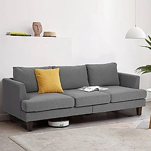 CATMIX 3 Seater Sofa Couch, Mid Century Modern Upholstered Sofa, Comfy Couches with Deep Seats Fabric Surface Square Armrest and Wood Legs for Living Room and Apartment (Grey, 89inch-3 Seats)