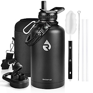 RAYMYLO Insulated Water Bottle 64 oz, Triple Wall Vacuum Stainless Steel (Cold for 48 Hrs), Leak Proof & Non-BPA, Half Gallon Water Flask Jug with Paracord Handle & Straw Spout Lids, Magic Black