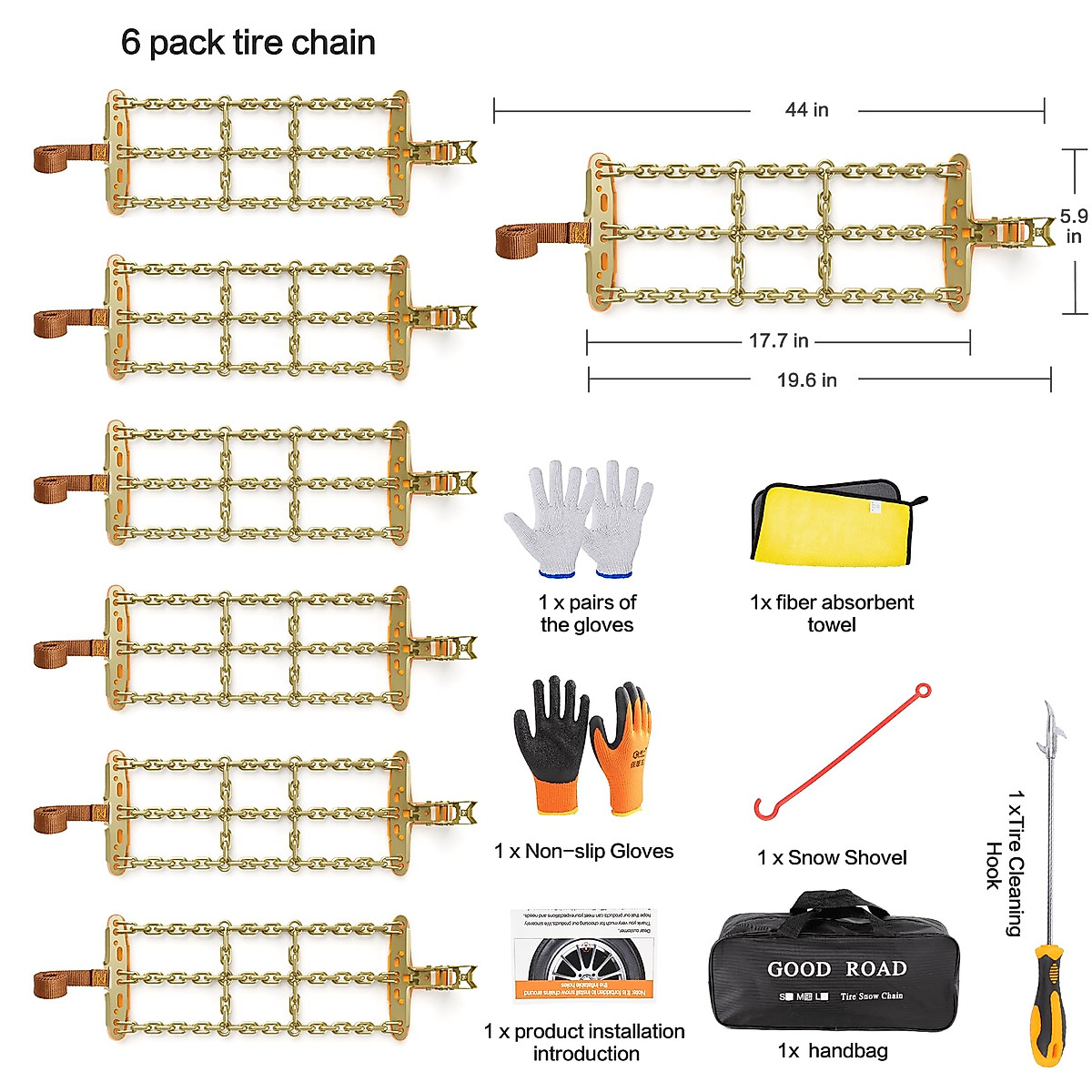 AutoChoice Emergency Snow Chains, Tire Chains with Thickened Manganese Steel for Car Truck SUV in Ice, Sand and Mud(6 Packs, Tire Width 235-285mm)