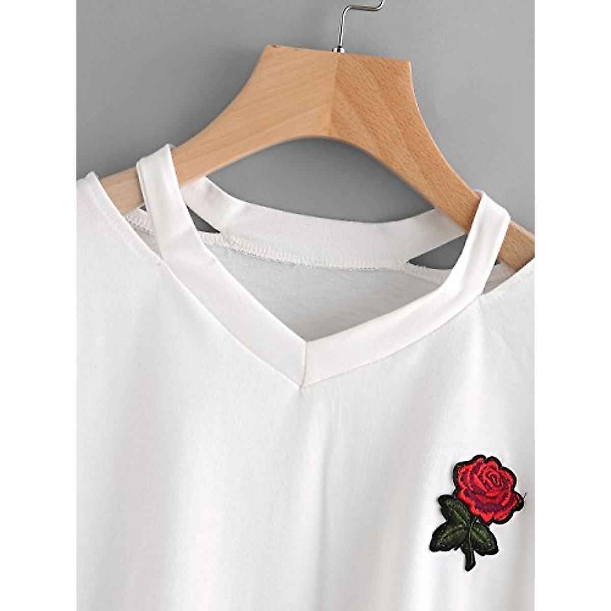 BCDshop Women Teen Girls Embroidery Rose Crop Top Tees Short Sleeve V Neck T-Shirt (M, White)