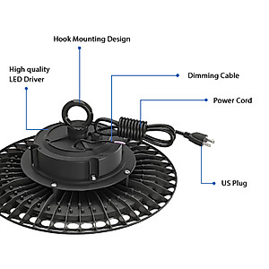 FAITHSAIL 150W UFO LED High Bay Light, 5000K,16500lm,1-10V Dimmable [600W Equivalent], with US Plug,Super Bright IP65 LED Shop Light Fixture for Warehouse/Workshop/Stadium