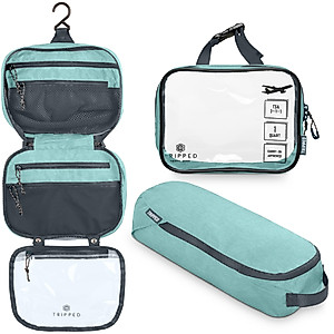 Toiletry Bag Kit Set: Hanging Travel Toiletry Bag + 311 TSA Cosmetic Liquid Bag + Ultralight Accessory Organizer Pouch (Dusty Teal)