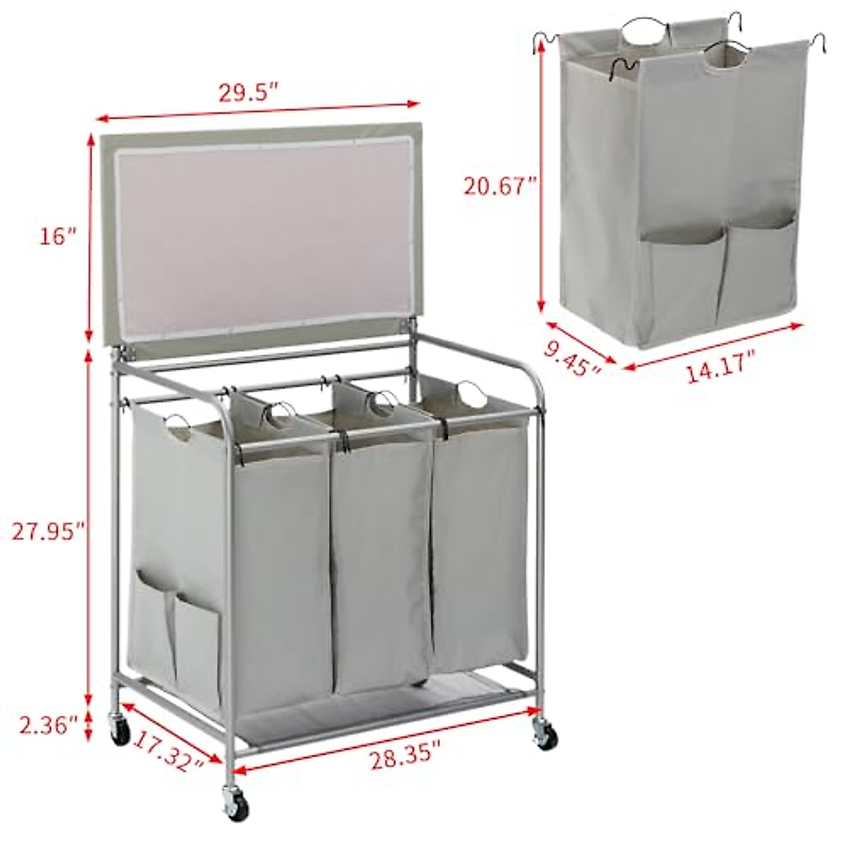 HollyHOME Laundry Basket Sorter with Ironing Board and 4 Wheels,Laundry Hamper with Sturdy Small Bags for Laundry Room Grey