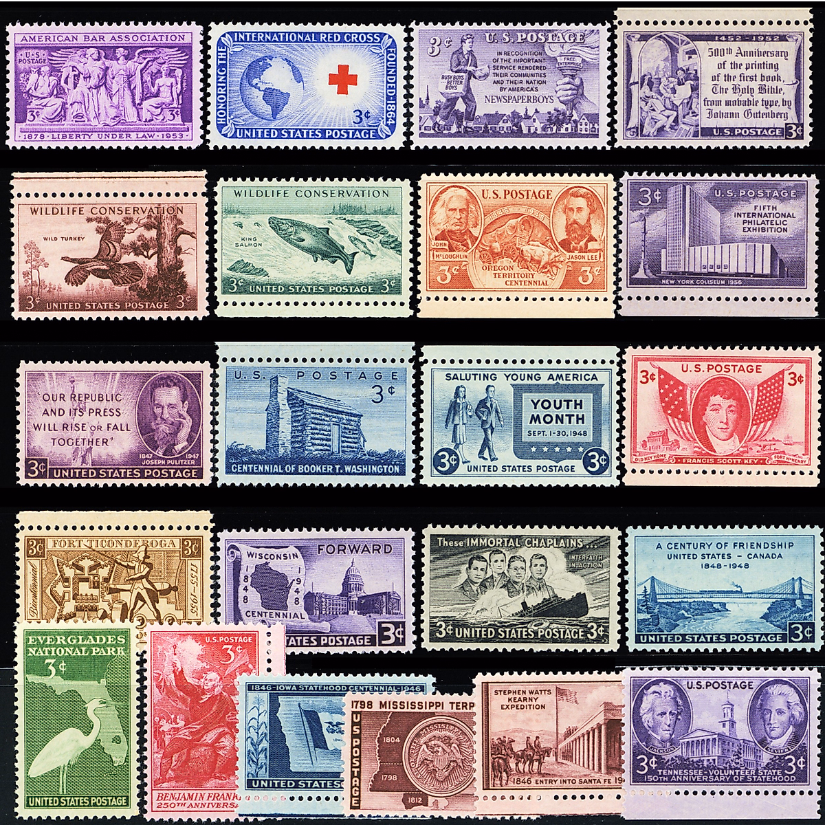 PACK 1-50 Different Mint Vintage Collectible 3 Cent U.S. Postage Stamps All Over 60 Years Old
