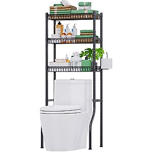 LEHOM Bathroom Organizer Over The Toilet Storage, 3-Tier Bathroom Shelves Over Toilet Shelf Above Toilet Storage Rack Freestanding Bathroom Space Saver with Adjustable Shelves and Baskets, Black
