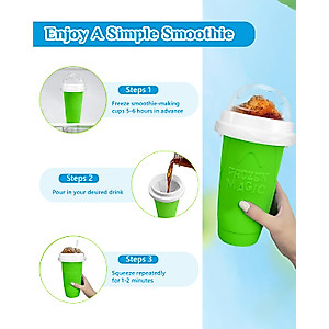 Slushy Maker Cup, DIY Magic Slushy Maker Squeeze Cup, Portable Smoothie Squeeze Cup for Juices, Milk and Ice Cream Make, Double Layers Silica Cup with Lid & Straw for Kids, Friends, Family (Green)1