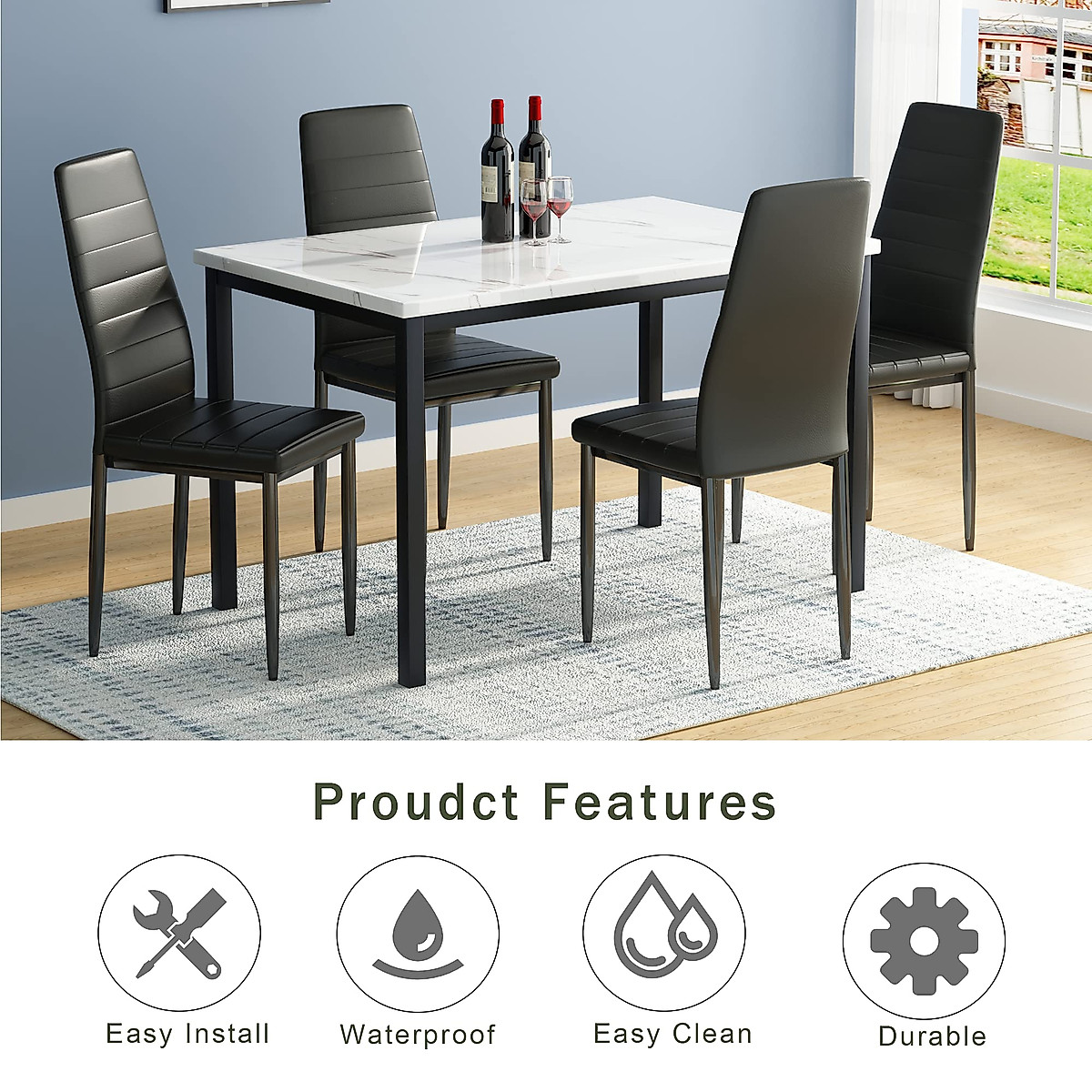 AWQM 5 Pieces Dining Table Set, Kitchen Table Set with Faux Marble Top Table and 4 Faux Leather Upholstered Chairs for Kitchen, Breakfast Nook, Dining Room, White+Black