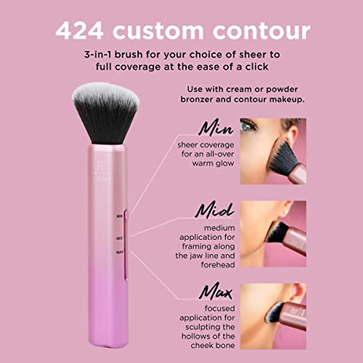 Real Techniques Custom Contour 3-in-1 Brush, Custom Slide For Bronzer & Contour Makeup, 3 Settings For Sheer, Medium, or Focused Application, Travel-Sized Kabuki, Cruelty-Free, 1 Count