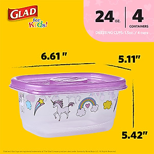 Glad for Kids Unicorns GladWare To Go Storage Containers with Lids| 24 oz Kids Snack Containers with Unicorn Design, 4 Count Set with 4 Dressing or Sauce Cups