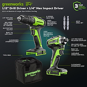 [Professional Grade] Greenworks 24V Max Cordless Brushless Drill + Impact Combo Kit, (2) 2.0Ah Batteries, FAST Charger, and Bag Included