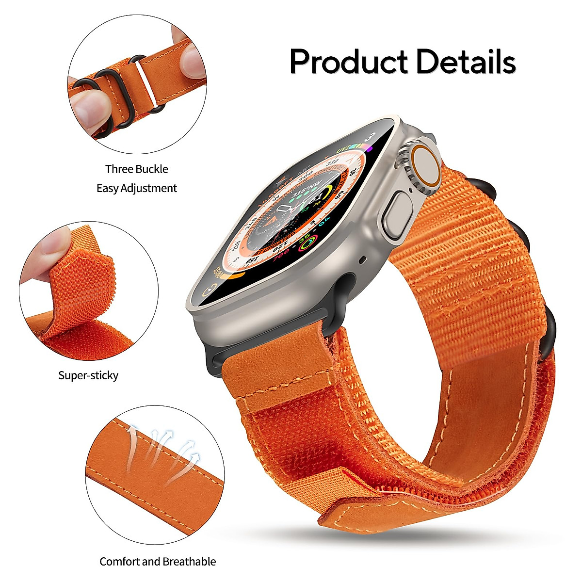 Kawoco Sport Bands Compatible with Apple Watch Ultra Band 49mm 45mm 44mm 42mm, Rugged Adjustable Breathable Braided Leather Combination Strap Men for iWatch Ultra 2 Series 9 8 7 6 5 4 3 SE Orange