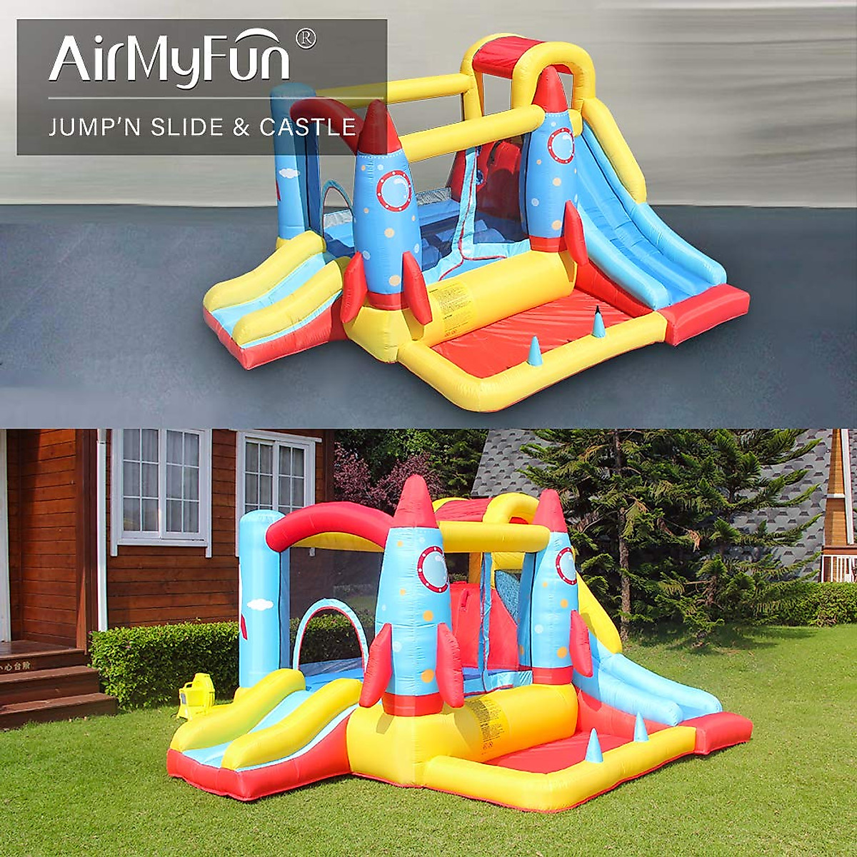 AirMyFun Inflatable Bounce House,Bouncy Castle with Air Blower,Play House with Ball Pit,Inflatable Kids Slide,Jumping Castle with Carry Bag(Rocket Theme)