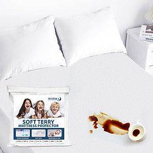 Full Size Mattress Protector Waterproof, Full Size Mattress Cover Breathable Cotton Terry with Waterproof TPU Layer Fitted 14'' Pocket, Noiseless Cotton Terry Mattress Cover Full Size