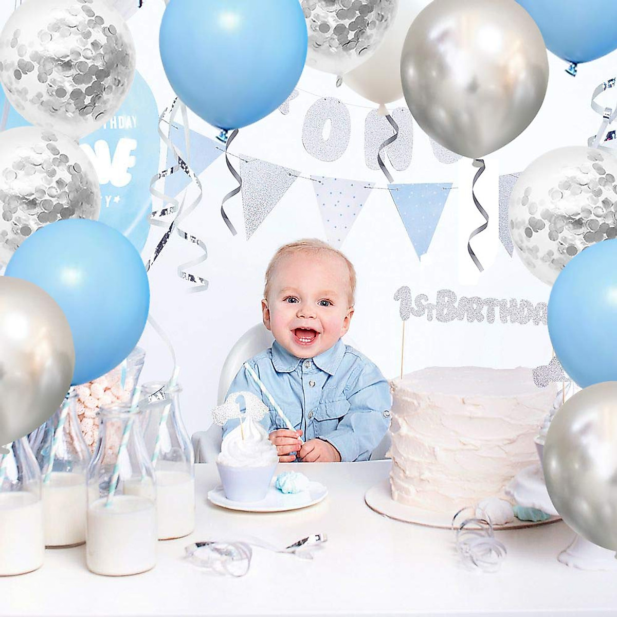 Blue White Silver Confetti Balloons, 50pcs 12 Inches Latex Party Balloons Helium Balloons for Birthday Bridal Shower Graduation Wedding Decorations