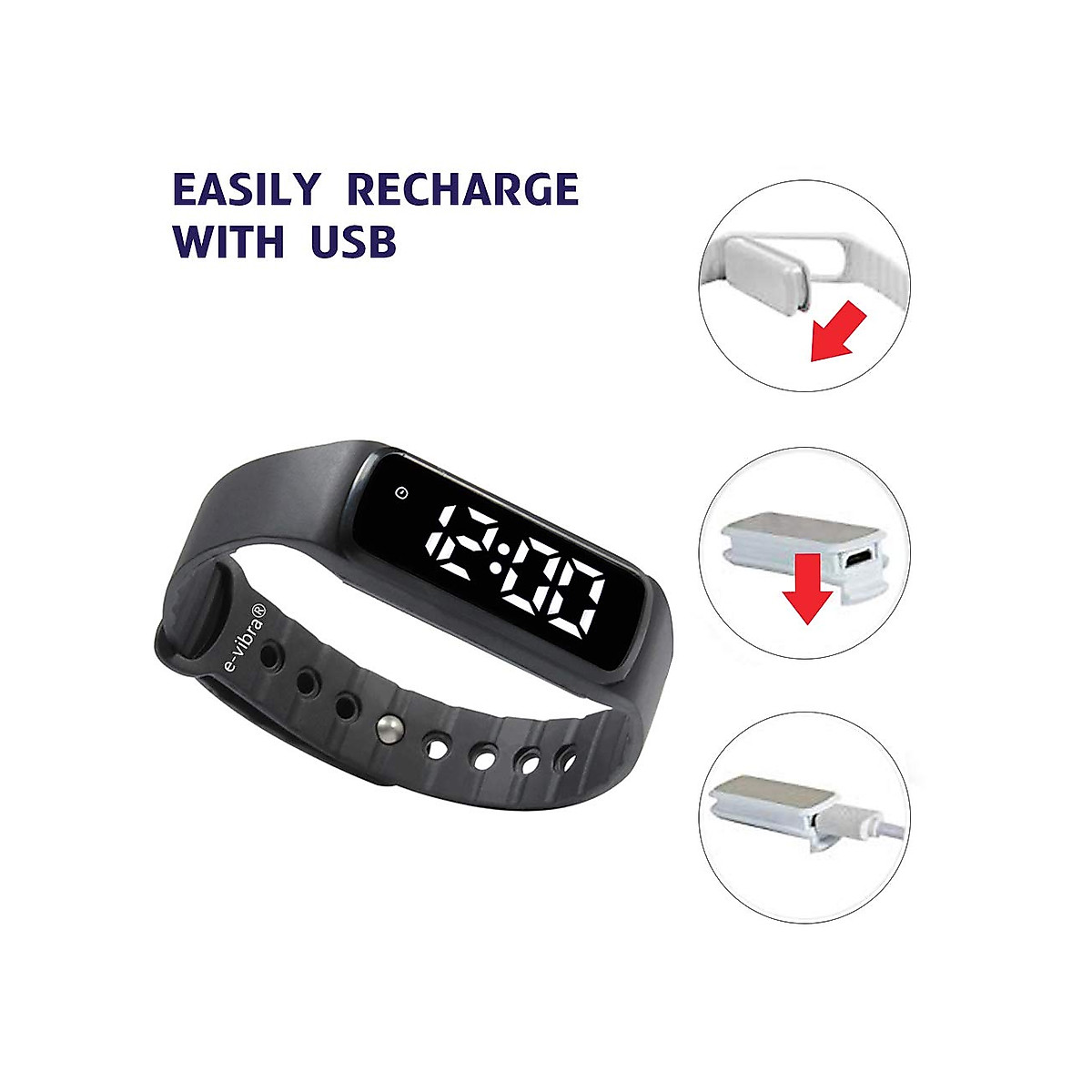 e-vibra 8 Alarm Vibrating Alarm Watch Medical Reminder Watch - with Timer and 8 Daily Alarms (Black - Largel)