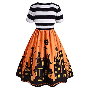 ZEZCLO Women's Plus Size Halloween Dress Funny Striped Pumpkin Halloween Costume Flared Dresses Orange 3XL