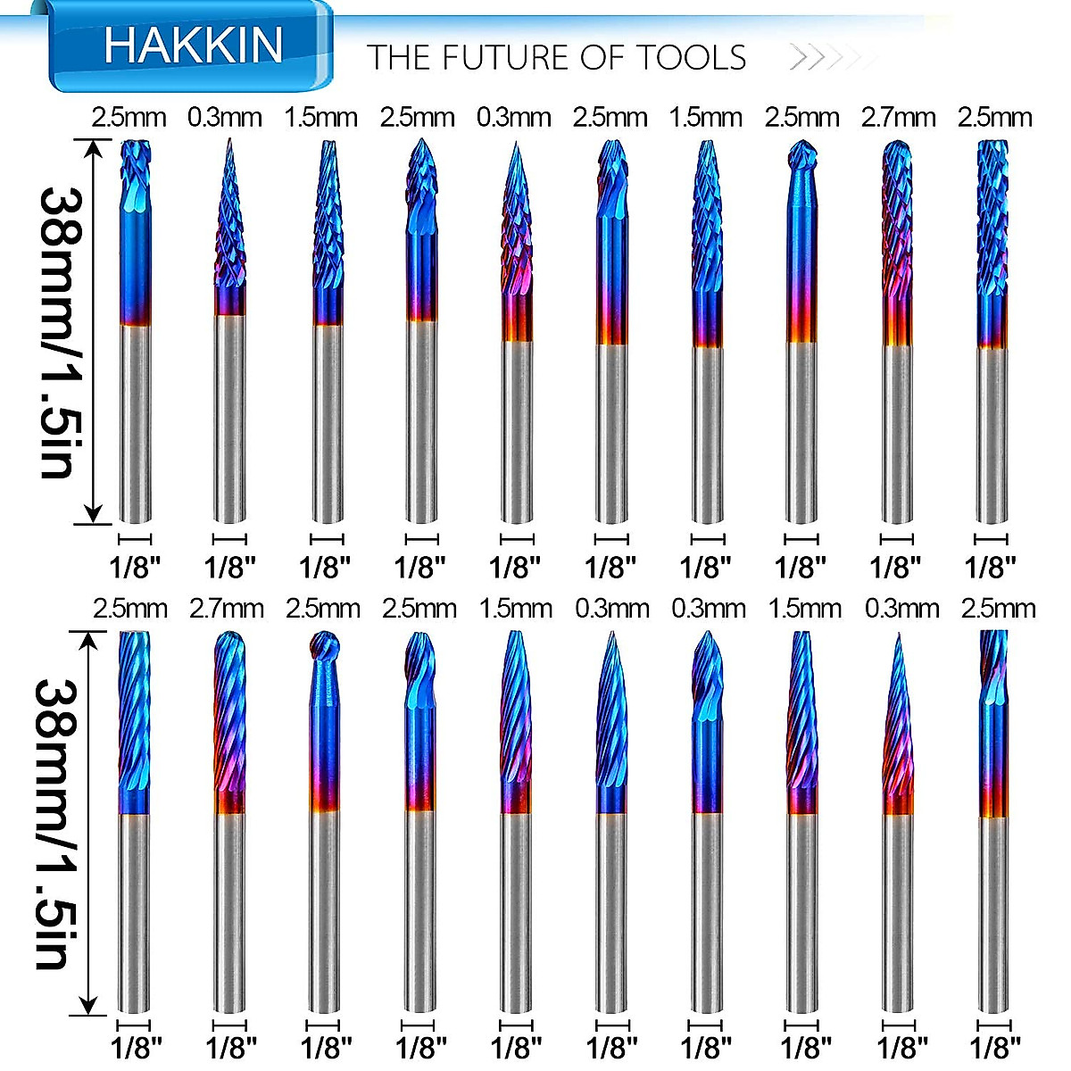 Hakkin 20 Pcs Carbide Rotary Burrs Set, End Mill CNC Router Bit, 1/8" Shank Nano Blue Coating Ball Nose End Mill, Double Cut Coat Rotary Drill for Die Grinder Woodworking, Engraving, Drilling, Carving