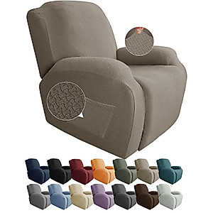 JIVINER 4-Piece Recliner Chair Covers Stretch Jacquard Covers for Recliner Chair Recliner Slipcovers for Living Room Soft Recliner Protector with Pocket (Recliner, Khaki)