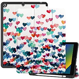 Deokke Compatible with iPad 10.2 inch Case,9th /8th /7th Generation Case(2021/2020/2019) with Pencil Holder Soft TPU Back Case,Auto Sleep/Wake Cover,Cute Aesthetic for Girls Women-Raining Hearts