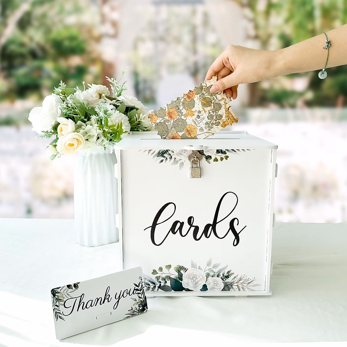 OurWarm White Wedding Card Box with Lock, PVC Gift Card Box for Wedding Reception, Eucalyptus DIY Wedding Money Envelope Card Box for Party Graduation Baby Shower Birthday Decorations