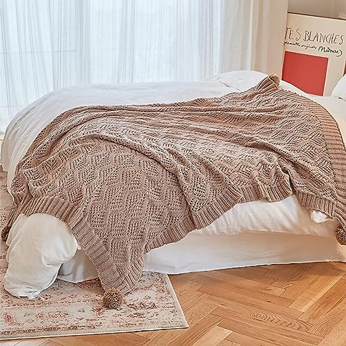 Naiveferry Knitted Throw Blanket with Tassel Brown, Super Soft Cozy Lightweight Fluffy Blanket Warm Woven Decorative Blankets for Women Men Bed Sofa Chair Couch Cover