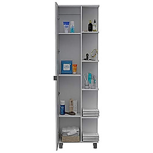 TUHOME Urano Linen Storage Cabinet Organizer with Swinging Hinge Door and 9 Shelves for Bathroom Bedroom Kitchen or Garage, White