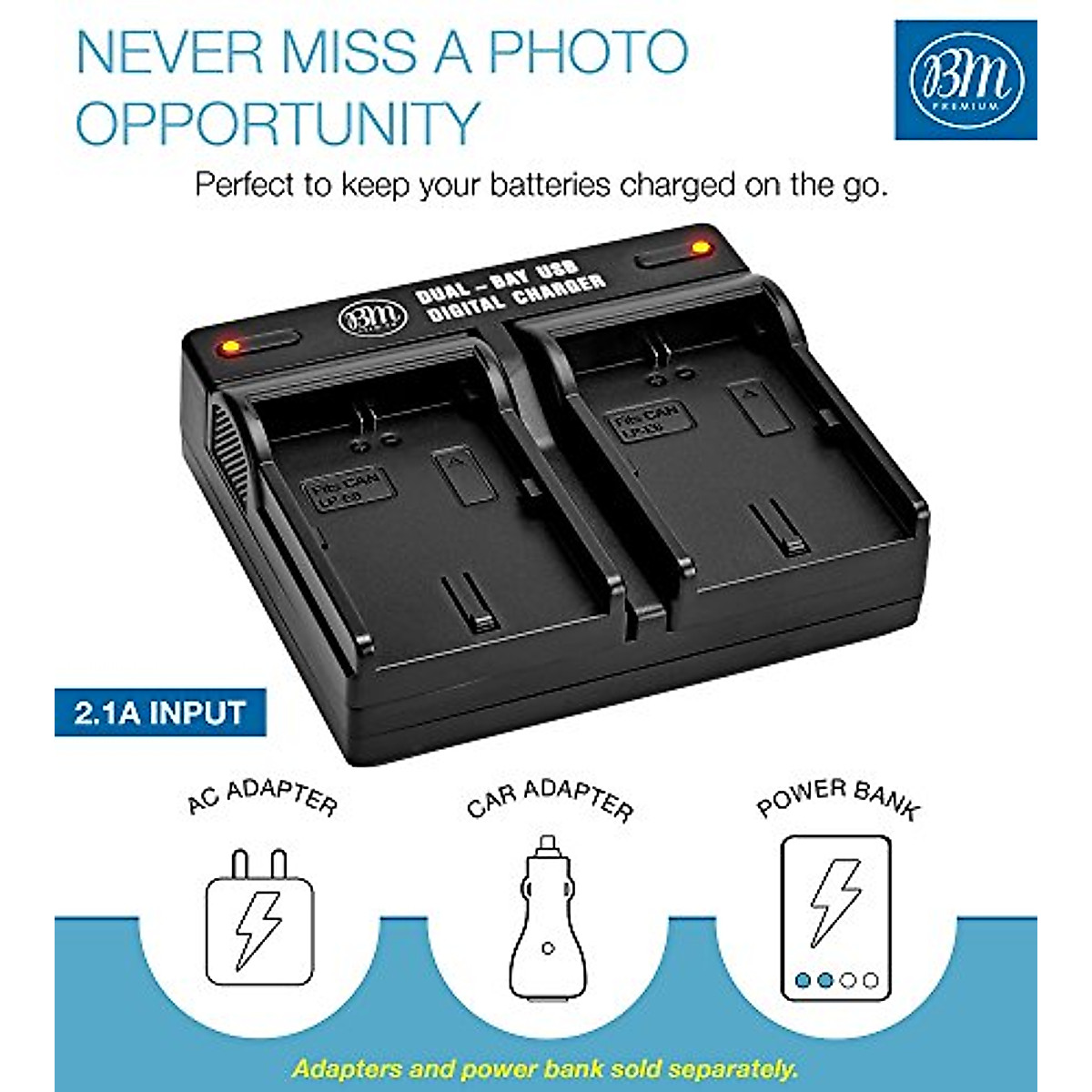 BM LP-E6N Dual Bay Battery Charger for Canon EOS R, EOS R5, EOS R6, EOS R6 II, EOS R7, EOS 90D, EOS 60D, EOS 70D, EOS 80D, EOS 5D IV, EOS 6D, EOS 6D II, EOS 7D, EOS 7D II, C700, XC10, XC15 Cameras