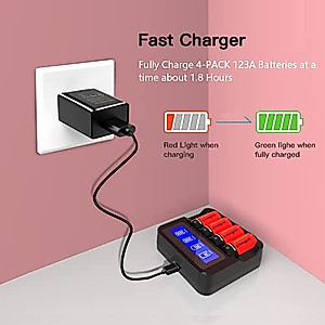 Batteries Rechargeable for Arlo, EaseBuy 4-Pack 800mAH 123A Arlo Batteries and LCD Display CR123A Charger for Arlo VMS3130 VMC3030 VMK3200 VMS3330 3430 3530 Cameras, Alarm System, Flashlight