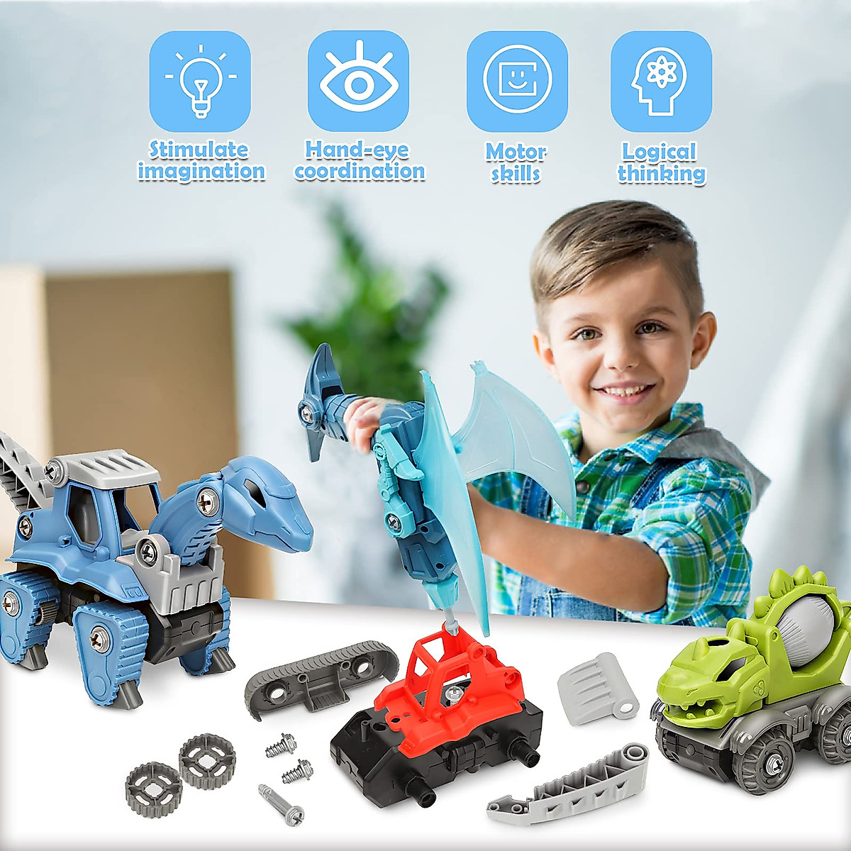 Dreamon Take Apart Construction Toys Truck Set Transforming Dino Truck, STEM Dinosaur Toy with Electric Drill,Educational Gifts for Boys Kids 3 4 5 6 Year Old